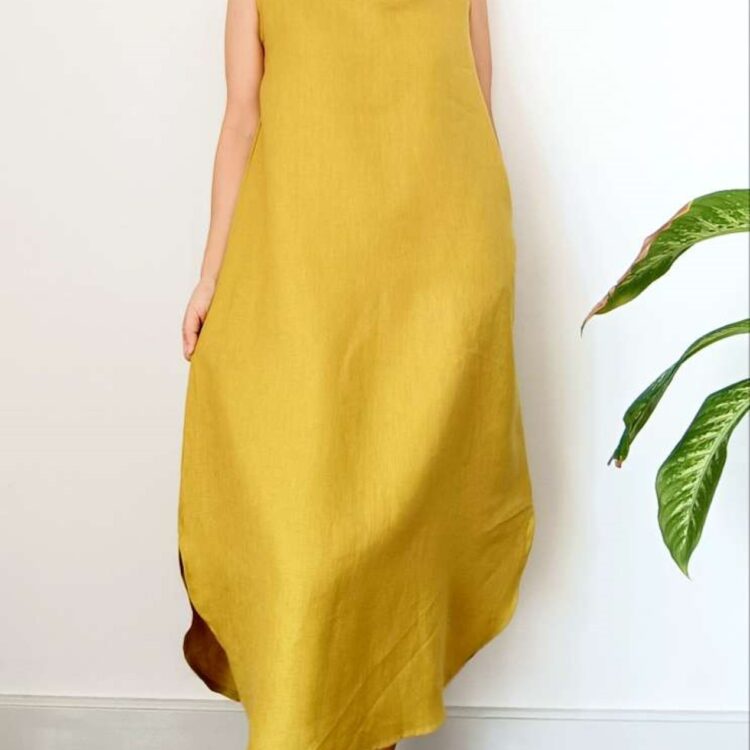 Light Mustard Linen Dress With Collar - Toanoi
