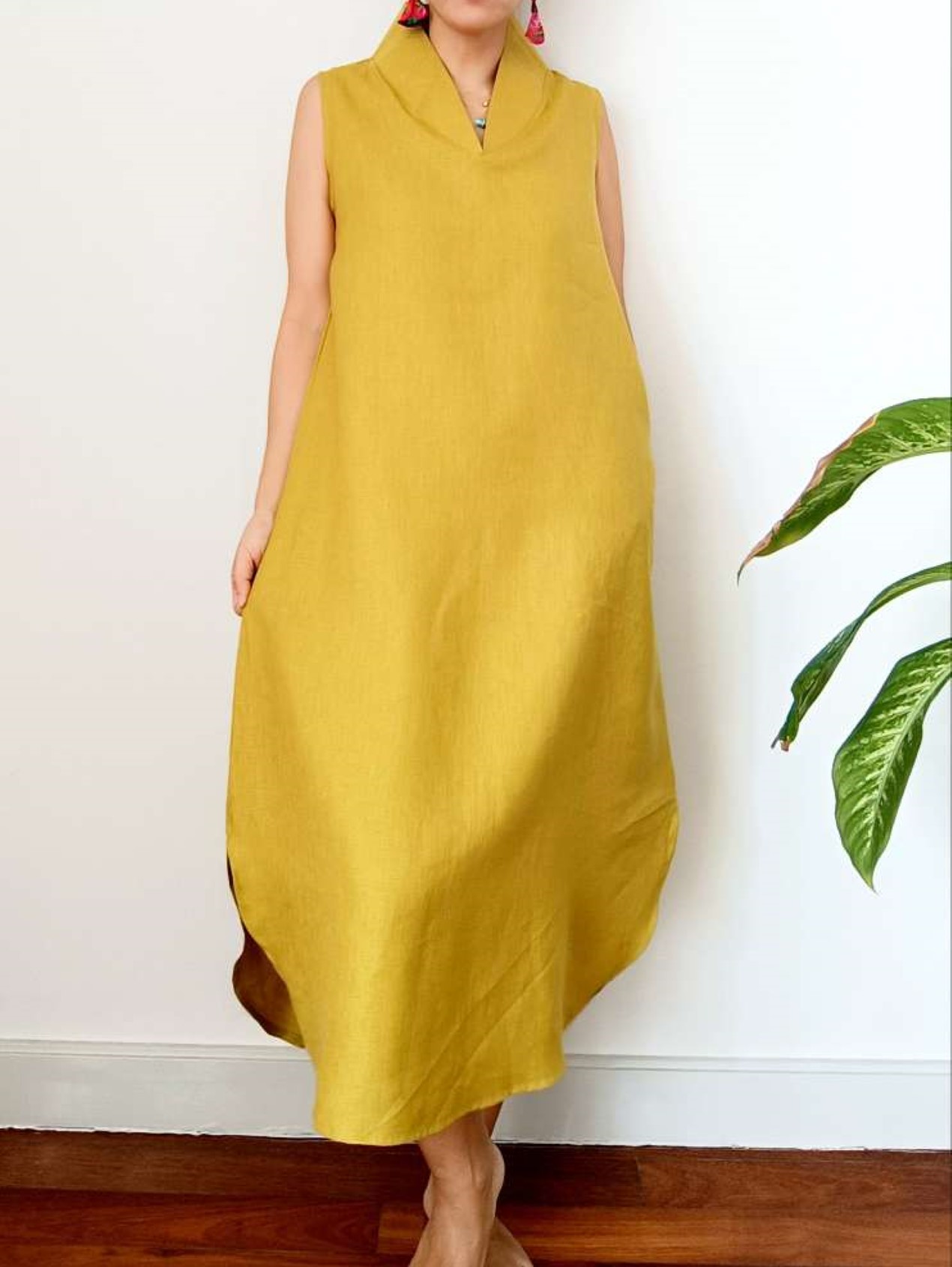 Light Mustard Linen Dress With Collar - Toanoi