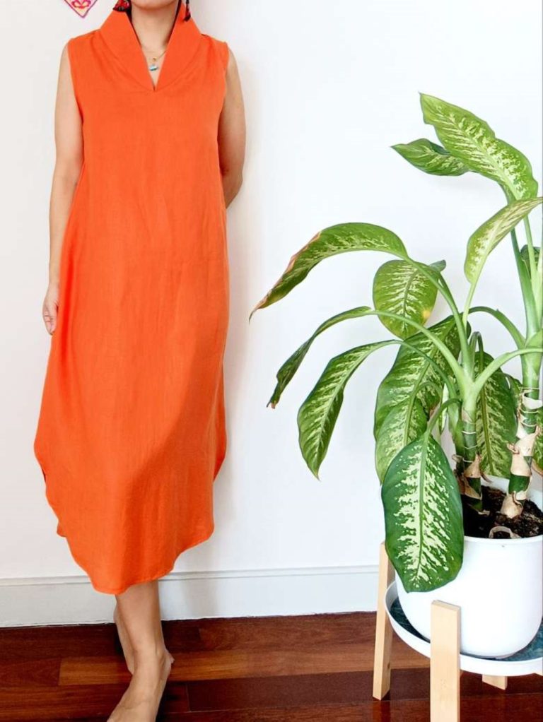 Orange Linen Dress With Collar - Toanoi